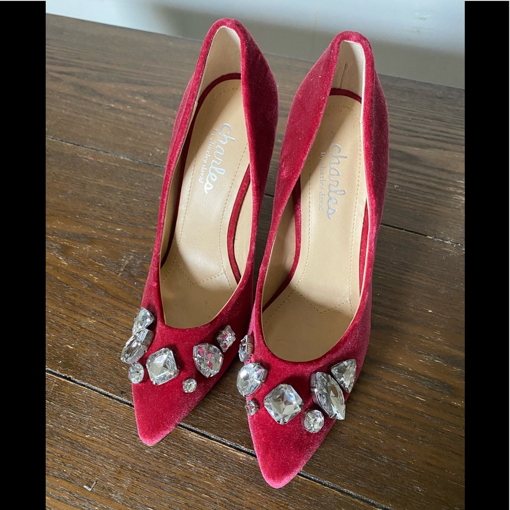 Anthro Charles David Red Velvet Maxx Crystal Pumps - Gem